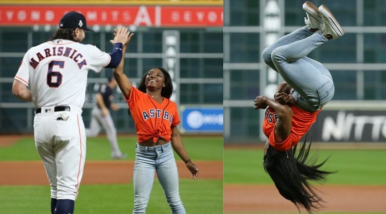 Simone Biles throws in a backflip with ceremonial pitch at World Series ...