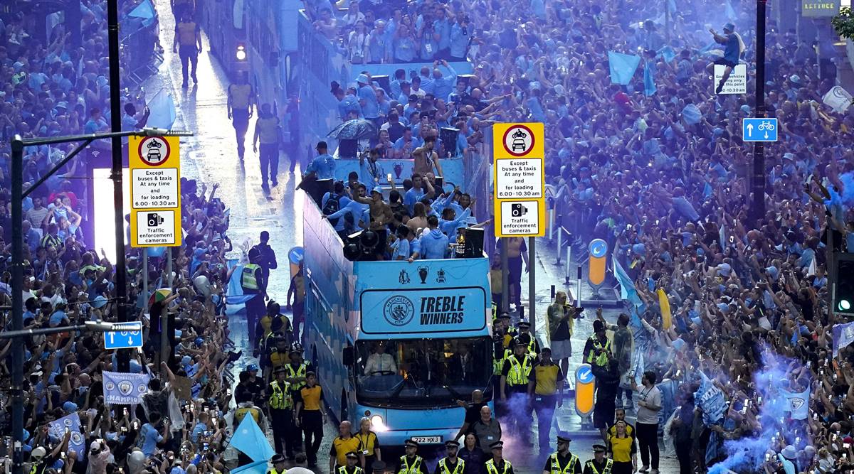 Watch: Manchester City celebrates winning treble of major trophies with ...