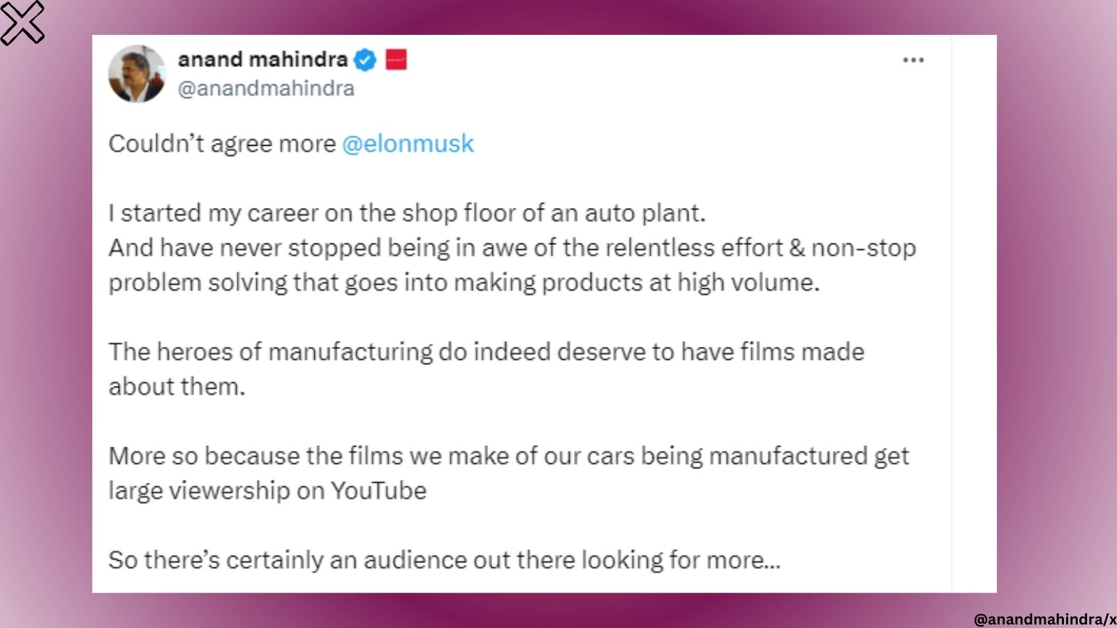 ‘Couldn’t agree more’: Anand Mahindra replies to Elon Musk over ‘lone inventor in a garage’ post ...