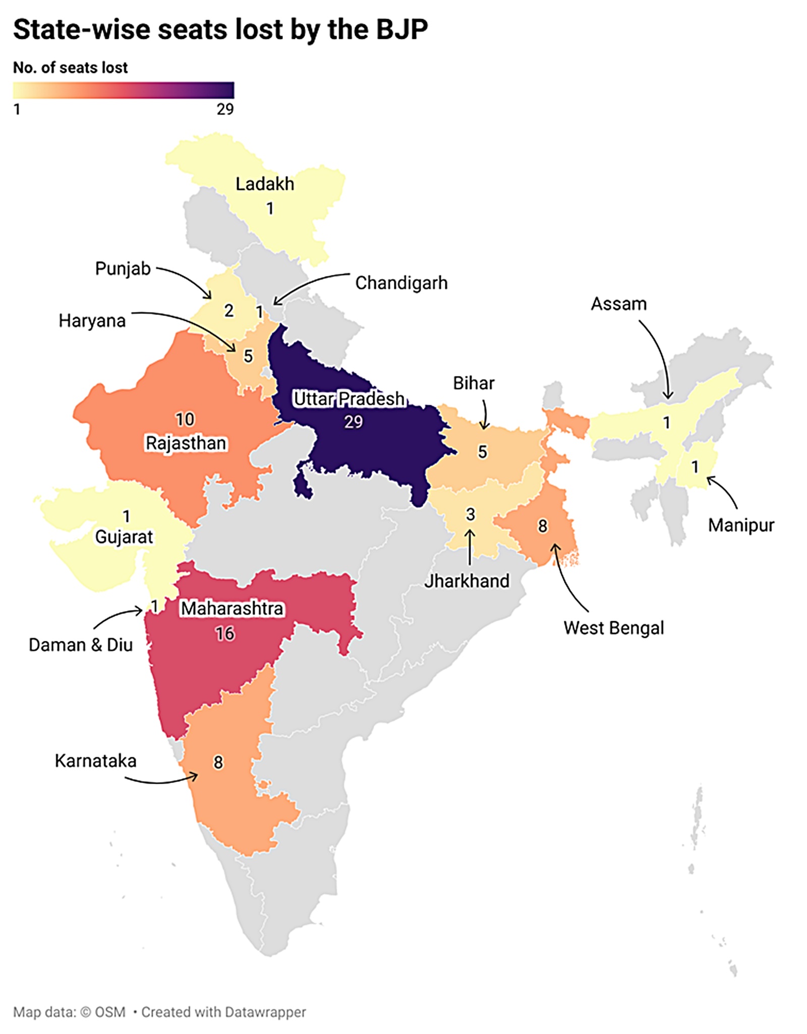 BJP’s loss map: Lost 92 of its 303 seats, won in 32 new constituencies ...