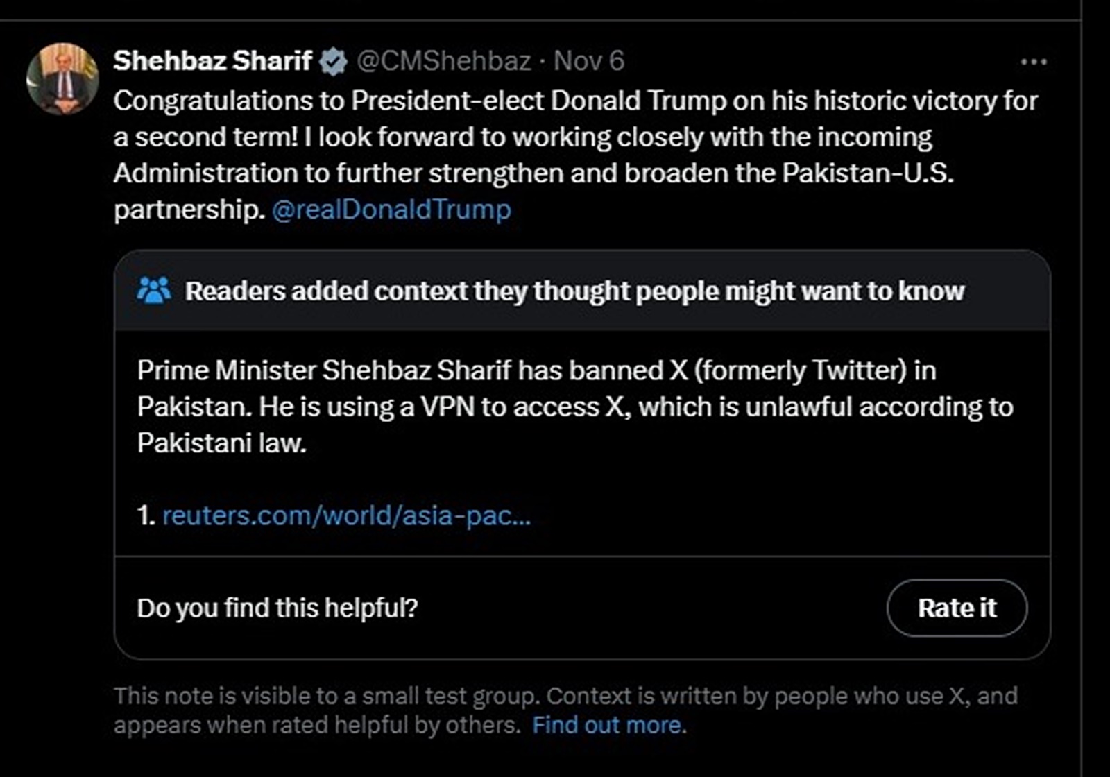 Pakistan PM Shehbaz Sharif congratulates Trump, gets community note ...